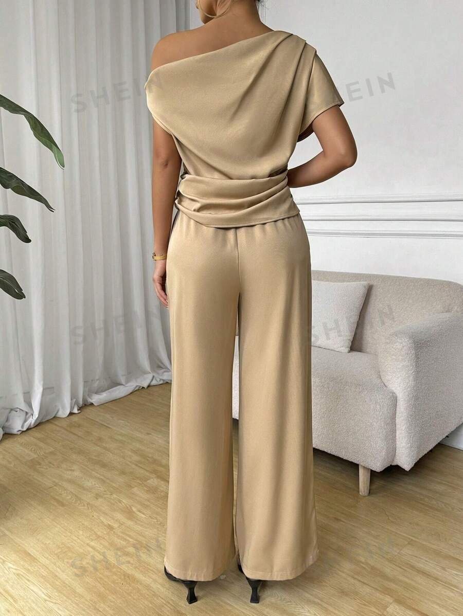 SHEIN Essnce Asymmetrical Neck Ruched Top & Wide Leg Pants Set Outfit ...