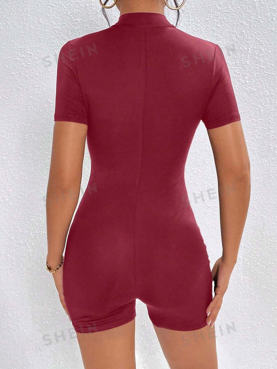 SHEIN PETITE Zip Up Half Zip Unitard Black Romper | SHEIN UK