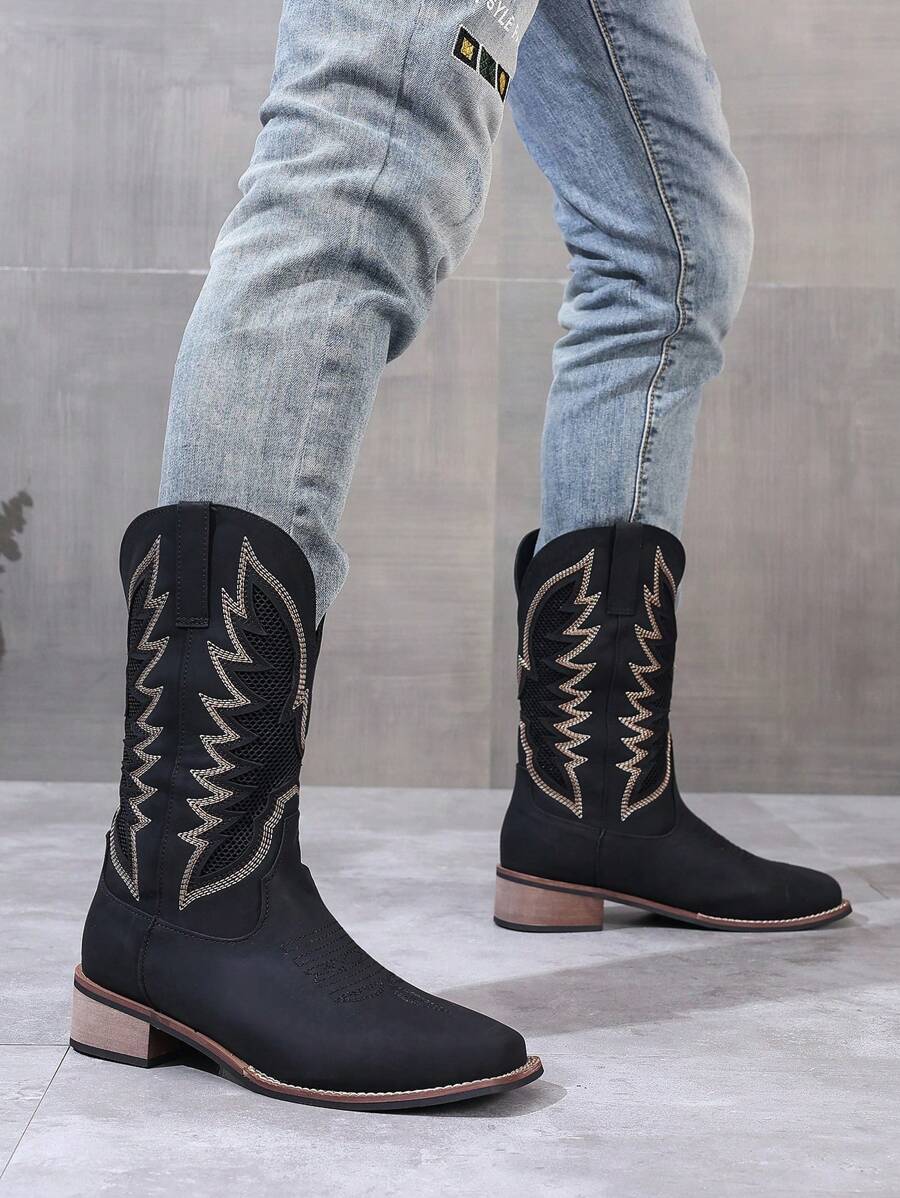 Men's Western Style Wide Square Toe Boots With Chunky Heel, Black Laser ...