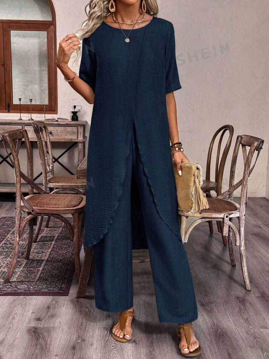 SHEIN JORESS Women's Summer 2pcs Set - Cross-Front Short-Back Long Top ...