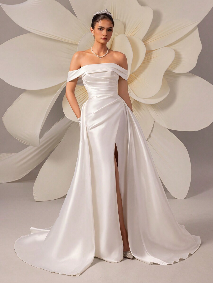 Satin Off Shoulder Simple Maxi Evening Dresses, Solid Color Wedding ...