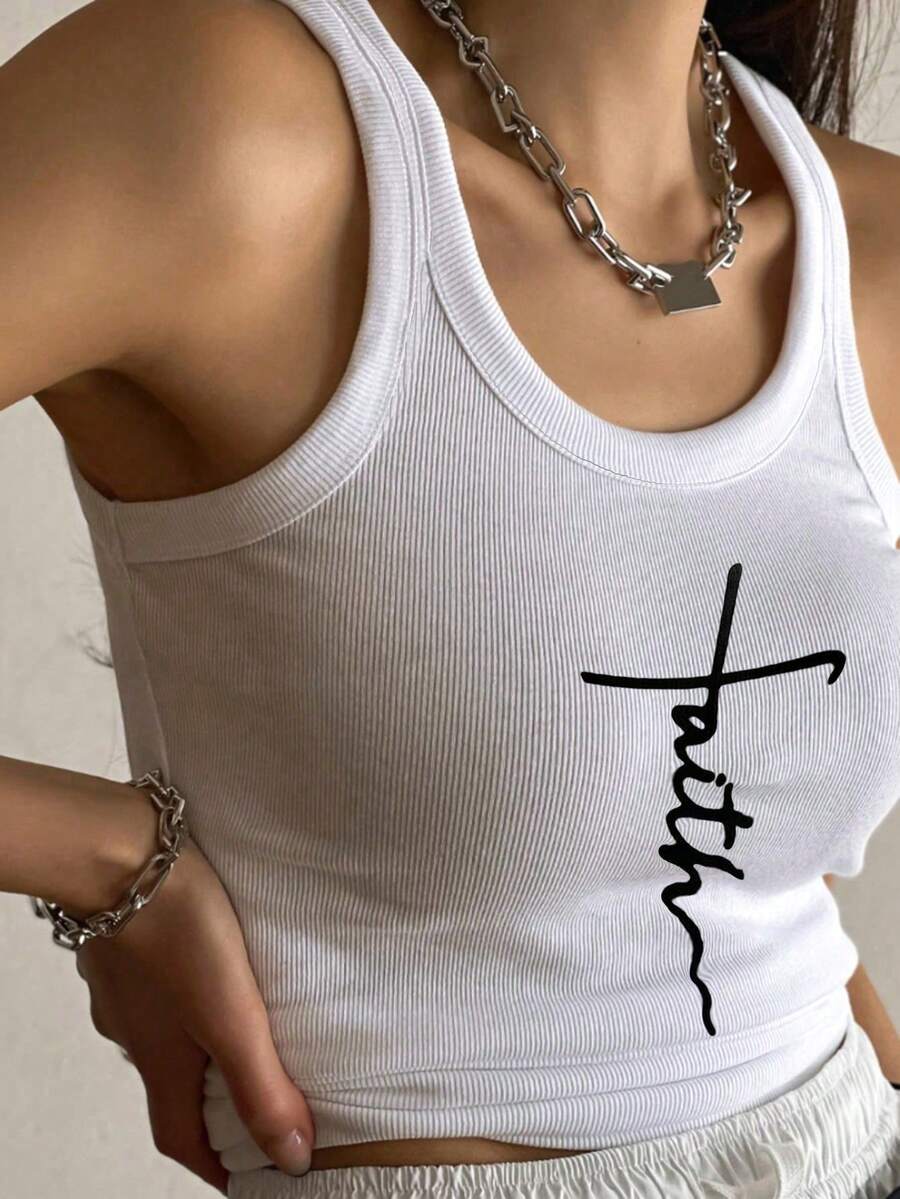 Franclia Solid Color Tank Top With Letter Print And Wide Strap | SHEIN USA