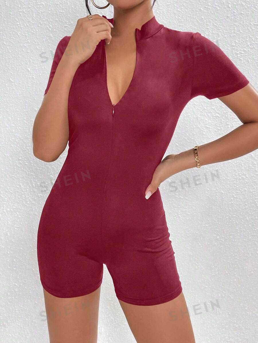 SHEIN PETITE Zip Up Half Zip Unitard Black Romper | SHEIN UK