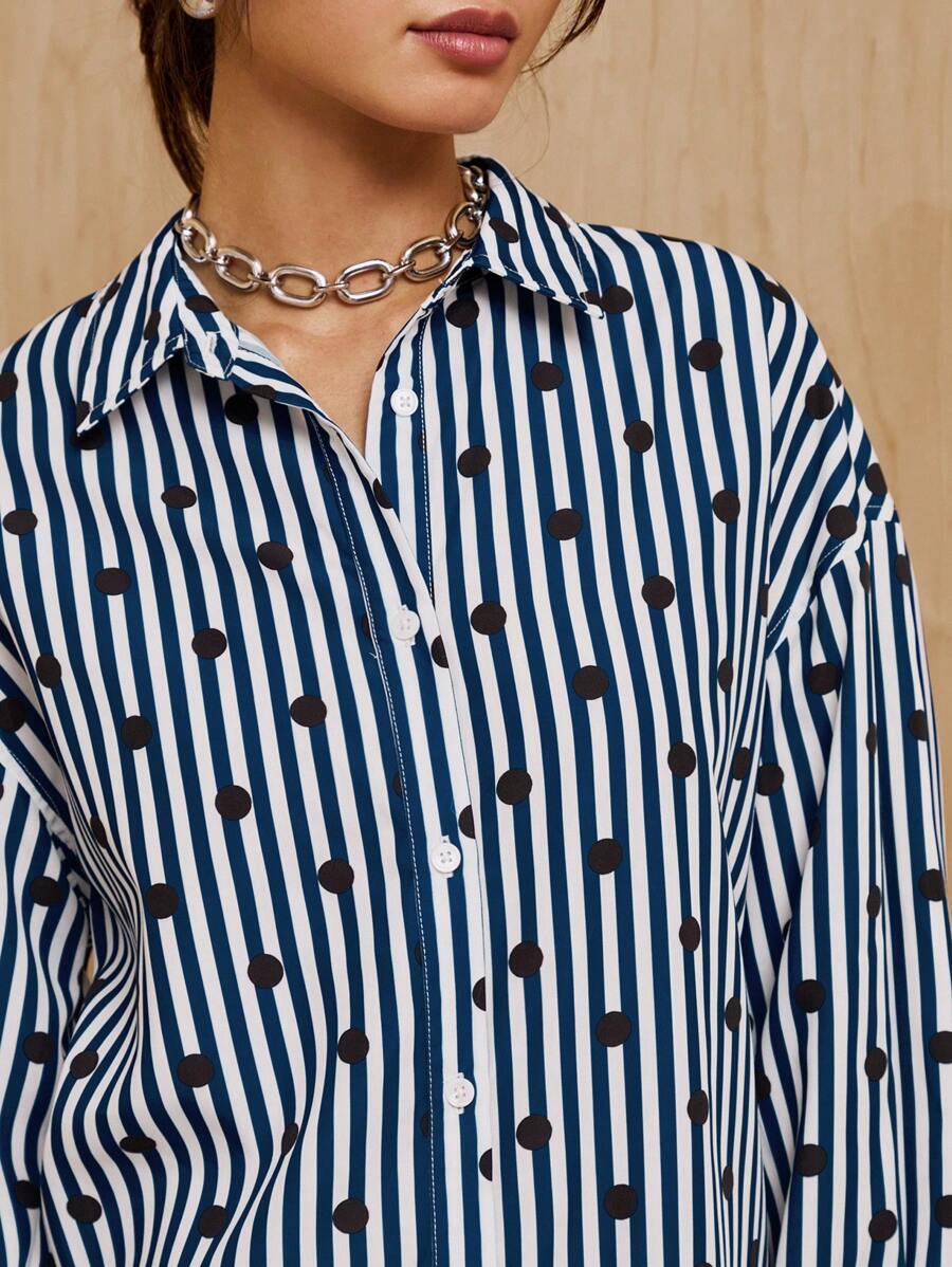 MONSE Designer Drop Shoulder Button-Down Stripe & Dots Printed Shirt ...