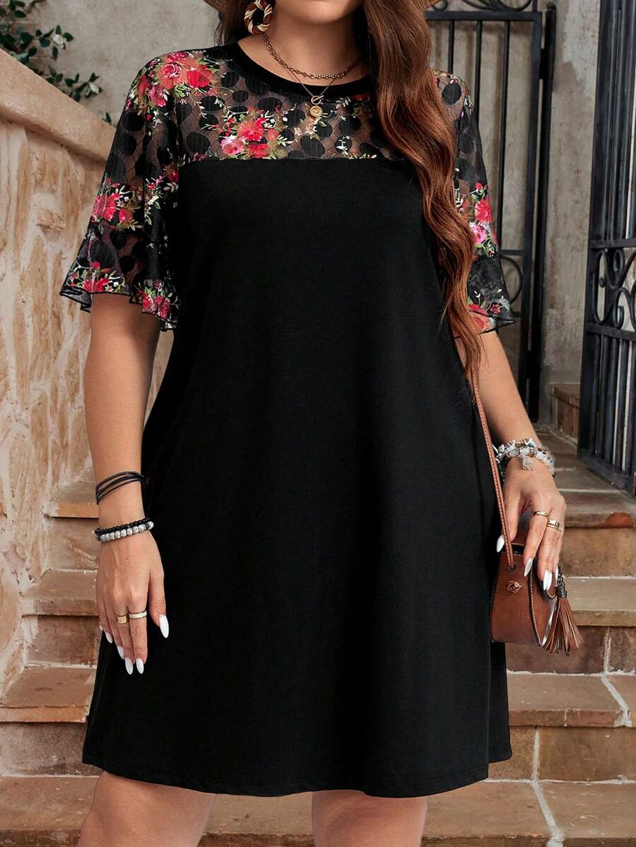 EMERY ROSE Plus Size Holiday Leisure Floral Printed Lace Patchwork Dress, For Summer | SHEIN USA