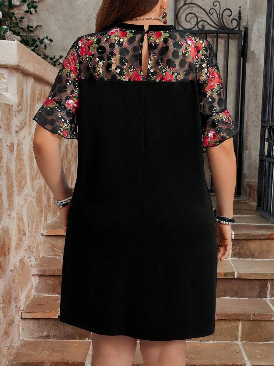 EMERY ROSE Plus Size Holiday Leisure Floral Printed Lace Patchwork Dress, For Summer | SHEIN USA
