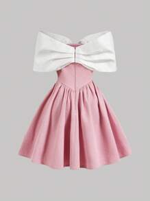 SHEIN MOD Off Shoulder Color Block Pink Short Dress With Large Bow ...