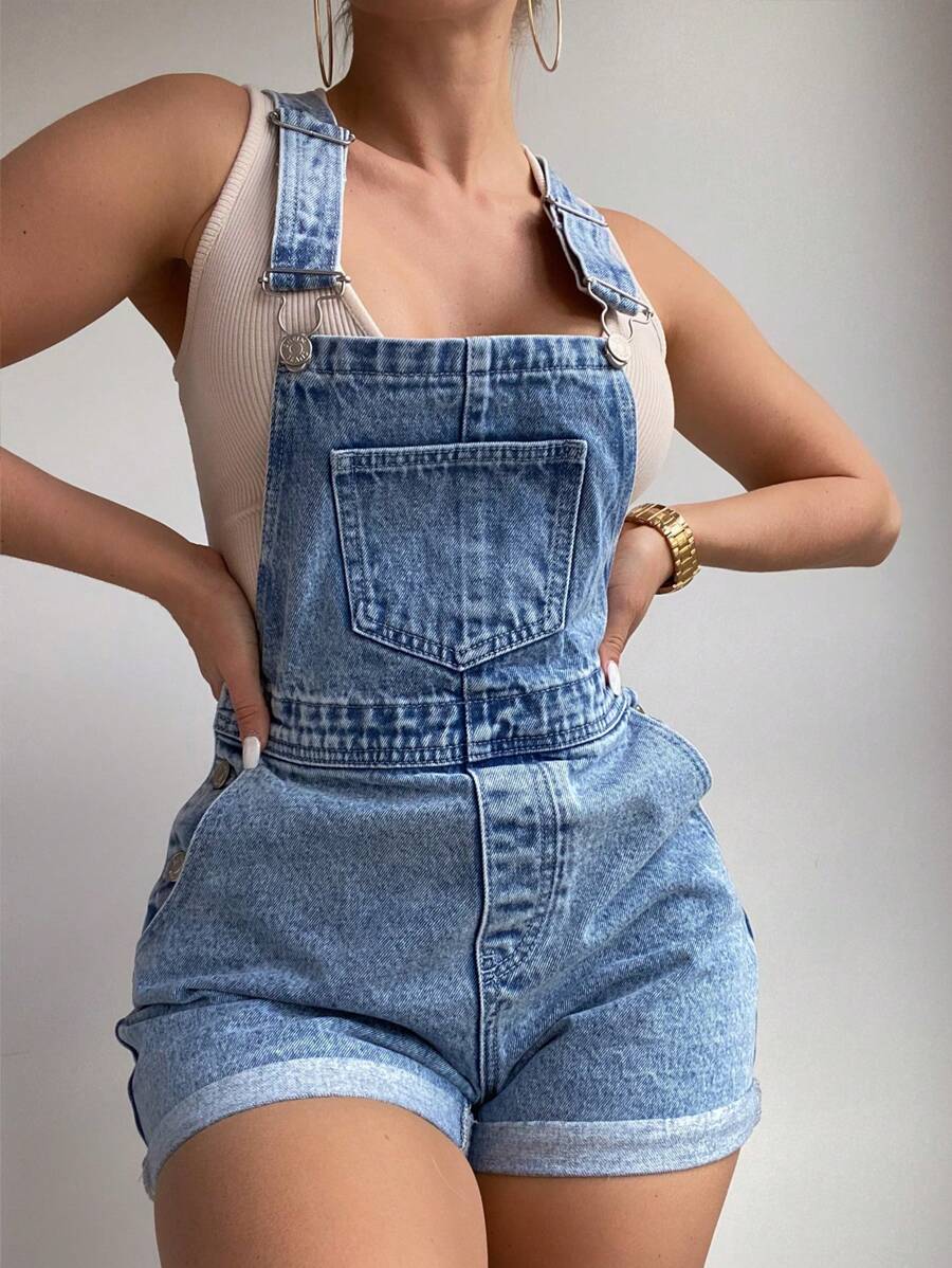 SHEIN Frenchy Casual Denim Short Dungarees Overall, Summer Daily ...