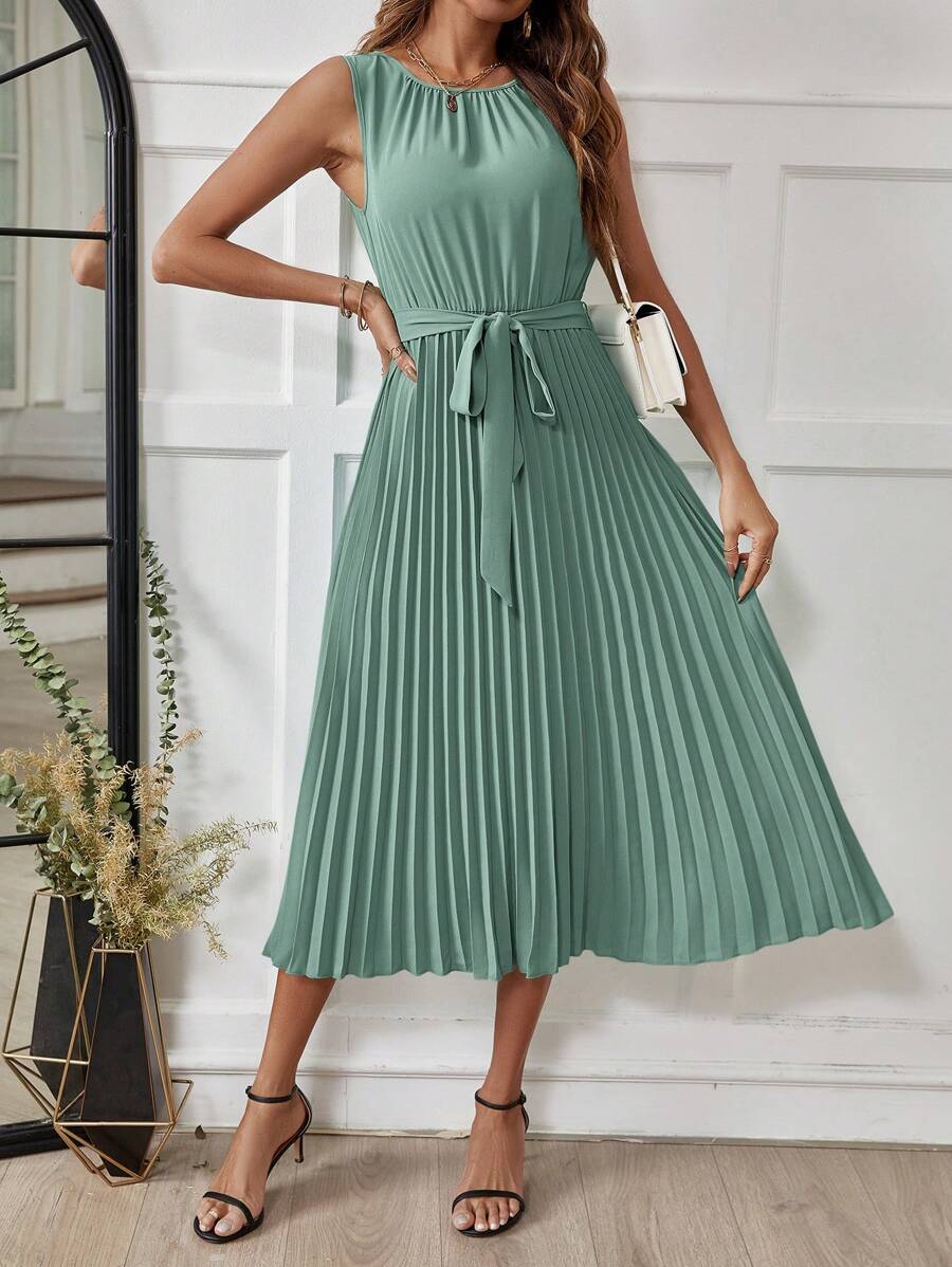 SHEIN Ellevyn Women'S Solid Color Sleeveless Green Dress With Pleated ...