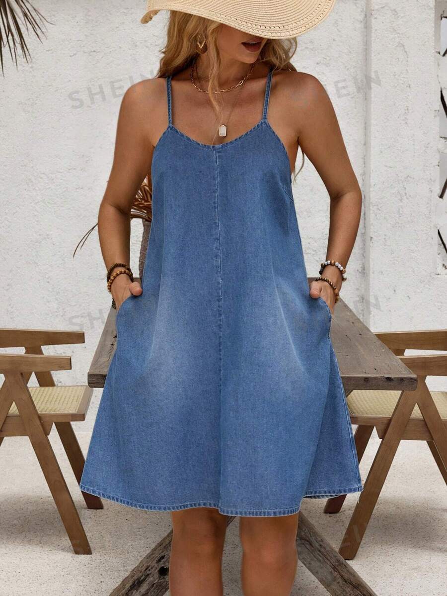 SHEIN LUNE Vestido de mezclilla con corte de camisola y bolsillos inclinados | Moda de Mujer ...