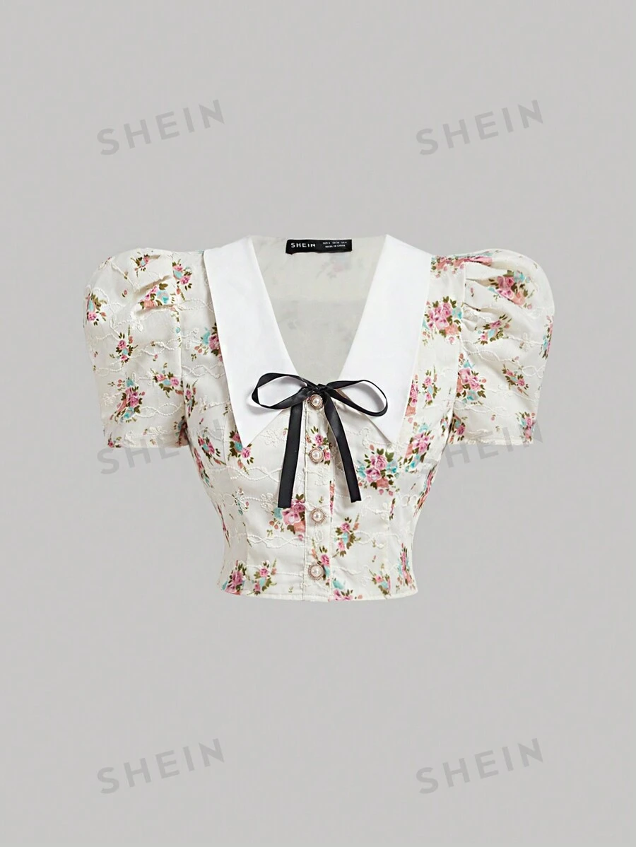 SHEIN MOD Apricot Retro Embroidered Palace Style Women's Shirt With ...