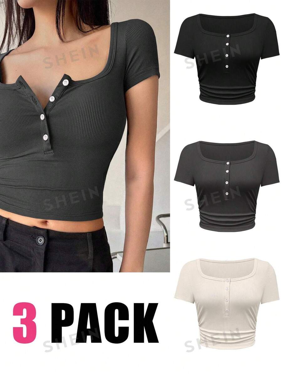SHEIN Essnce Square Neck Half Placket Ruched Crop Top, Multi-Pack ...