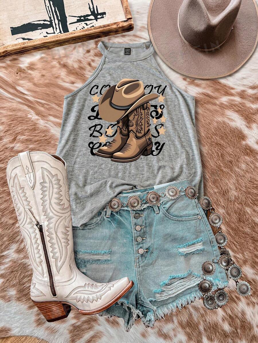 SHEIN LUNE Women's Western Hat & Boots Letter Printed Top, Casual For ...