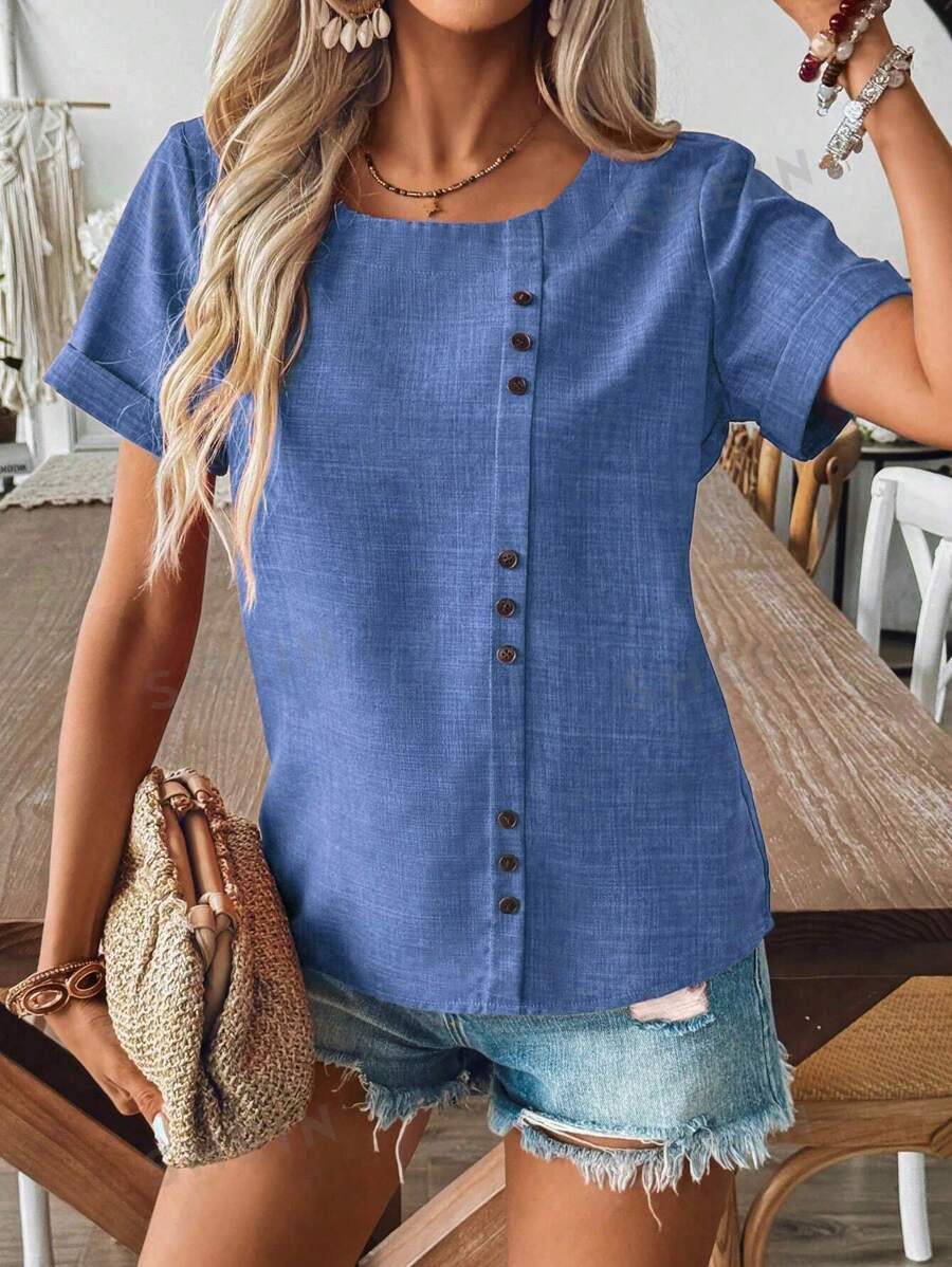 SHEIN JORESS Women's Casual Bamboo Linen Shirt With Button Decoration ...