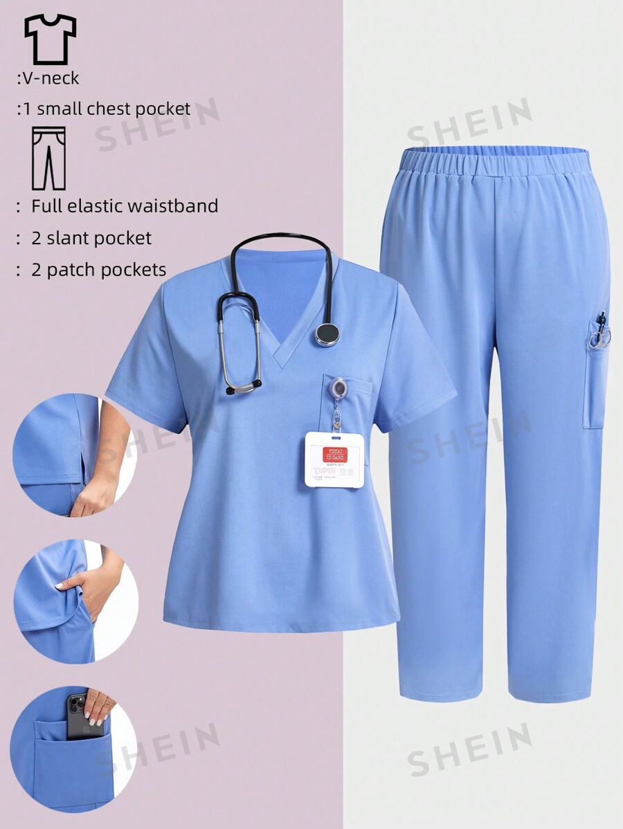 SHEIN Essnce Plus Size Women's Summer Blue Nurse Uniform Jogging Wear ...