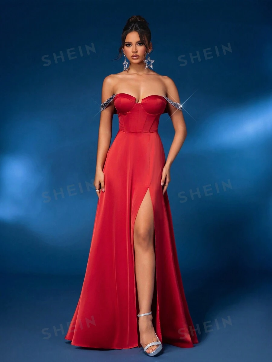 SHEIN Belle Elegant And Gorgeous Red Off-Shoulder Butterfly Bustier, With Fishbone Press Line ...