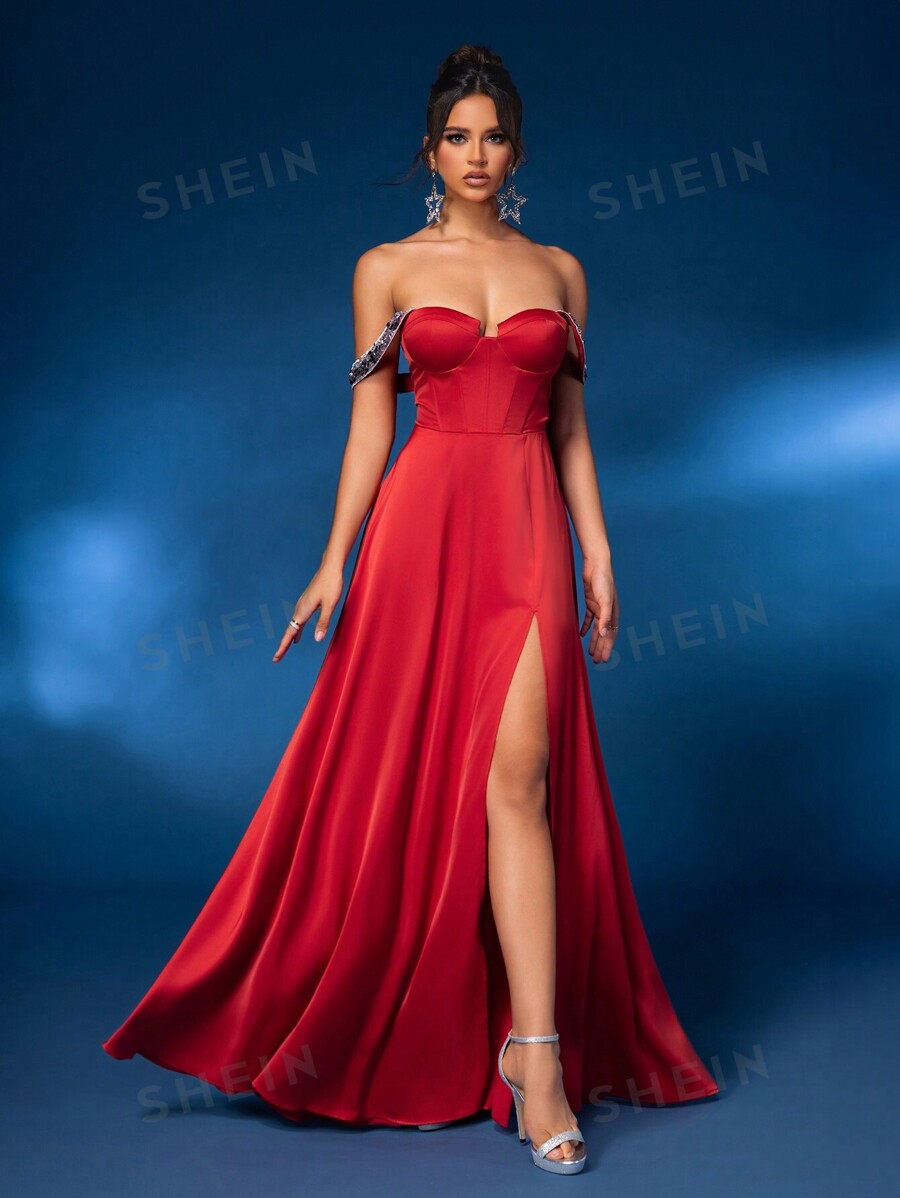 SHEIN Belle Elegant And Gorgeous Red Off-Shoulder Butterfly Bustier ...