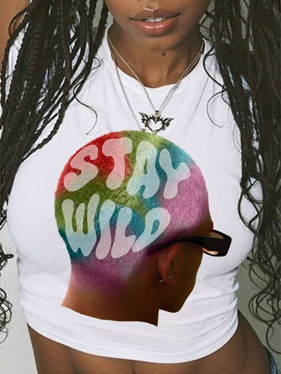 SHEIN Slayr Casual & Minimalist Y2K Portrait Stay Wild Printed Round ...