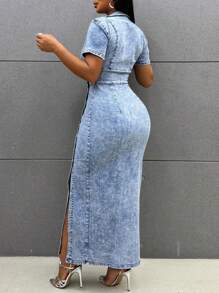 SHEIN Lady Ladies' Sexy Stretchy Denim Dress, Short Sleeve V-Neck Bodycon Dress, Blue | SHEIN USA