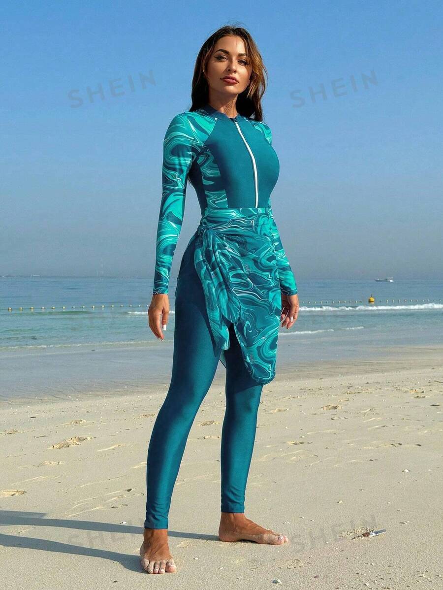 Shein Swim Mulvari Marble Print Zip Front One Piece Swimsuit With Beach
