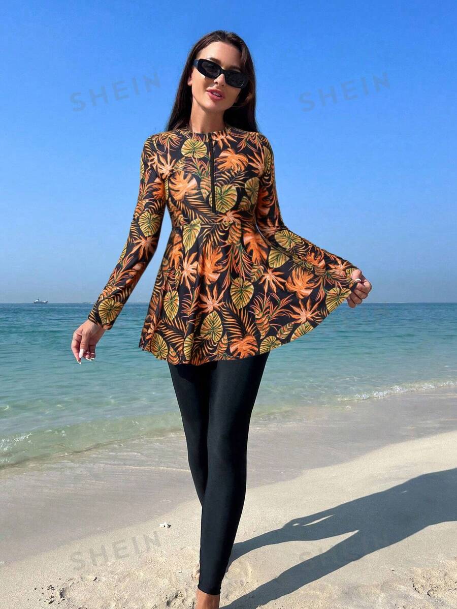 SHEIN Swim Mulvari Ladies' Summer Beach Printed Burkinis Set With Long ...