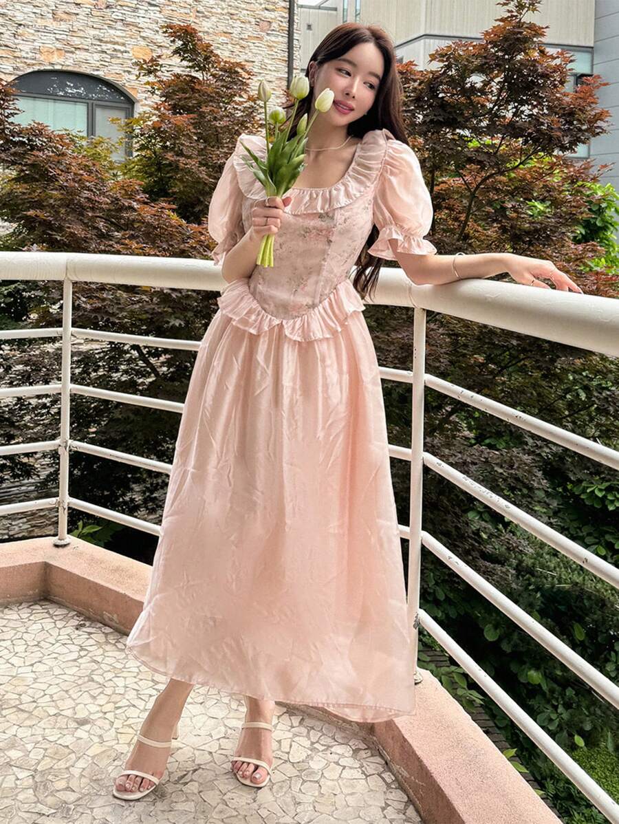 DAZY Ruffle Trim Puff Sleeve Zip Back Fairy Core Dress Sundress | SHEIN USA