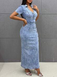 SHEIN Lady Ladies' Sexy Stretchy Denim Dress, Short Sleeve V-Neck Bodycon Dress, Blue | SHEIN USA