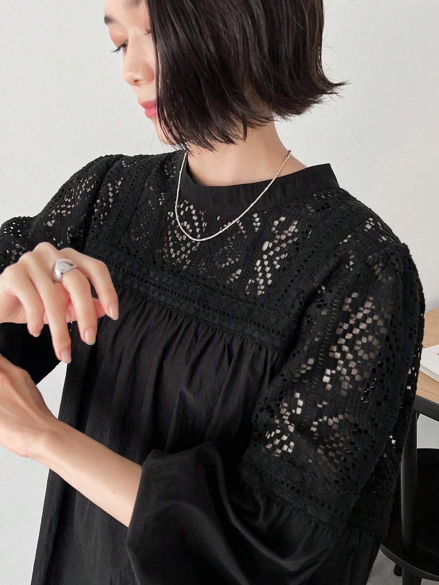 FRIFUL Contrast Lace Puff Sleeve Blouse Long Sleeve Top | SHEIN USA