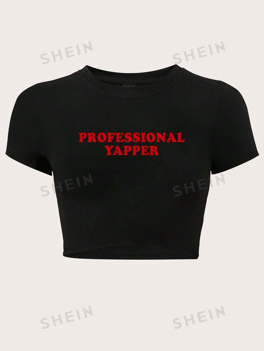 SHEIN EZwear Plus Size Red Slogan Crop Top T-Shirt, Short Sleeve PROFESSIONAL YAPPER | SHEIN USA