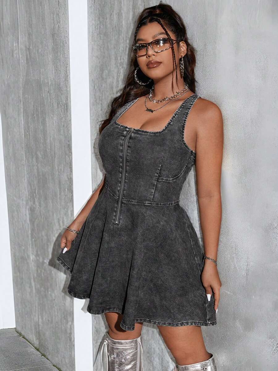 Shein Icon Plus Size Grey Stretch Denim Dress Sexy Streetwear Backless Design Back To School