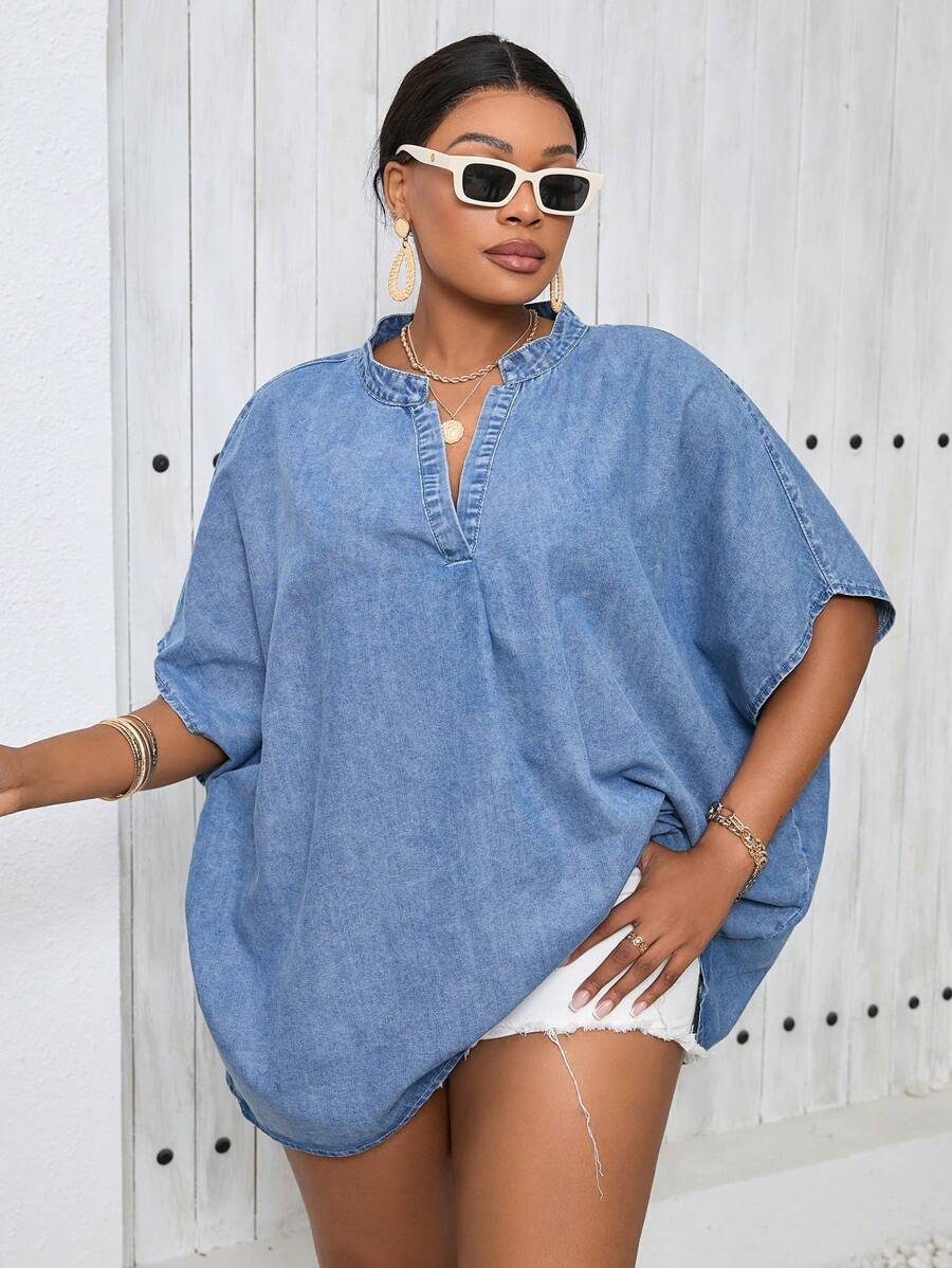 SHEIN SXY Plus Size Loose Sexy Denim Top With Off-Shoulder Sleeves ...