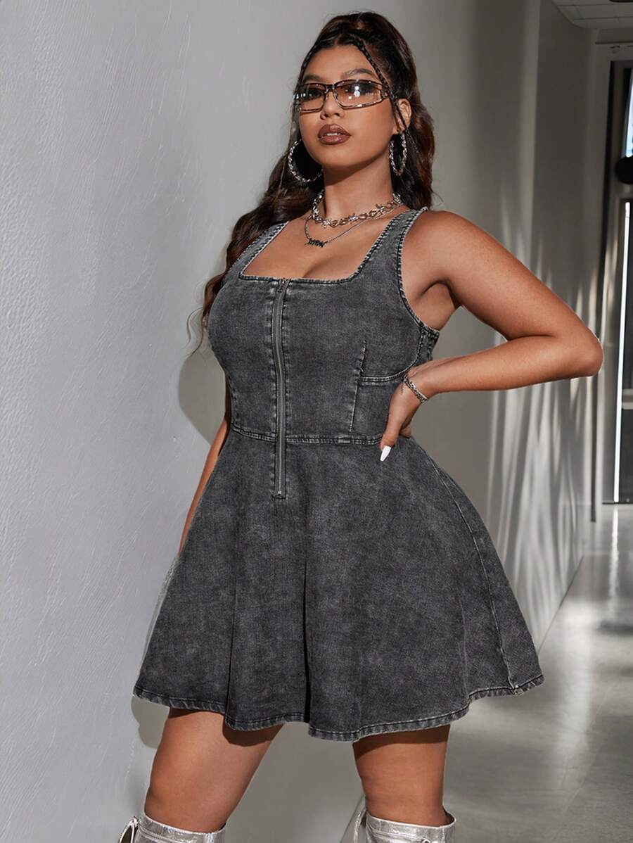 SHEIN ICON Plus Size Grey Stretch Denim Dress, Sexy Streetwear Backless ...