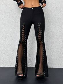 SHEIN ICON Y2k Contrast Mesh Lace Up Front Flare Leg Pants | SHEIN USA