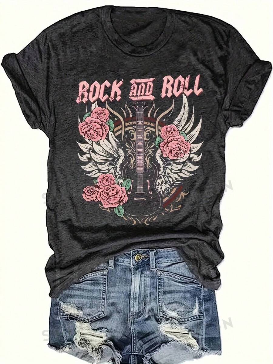 SHEIN CURVE+ Camiseta de Manga Curta com Estampa de Asas de Anjo, Rosas ...