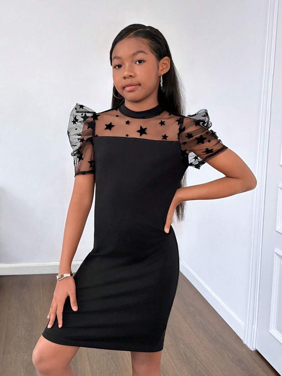 SHEIN Tween Girl Black Knit Contrast Mesh Star Flare Sleeve Mini Dress ...