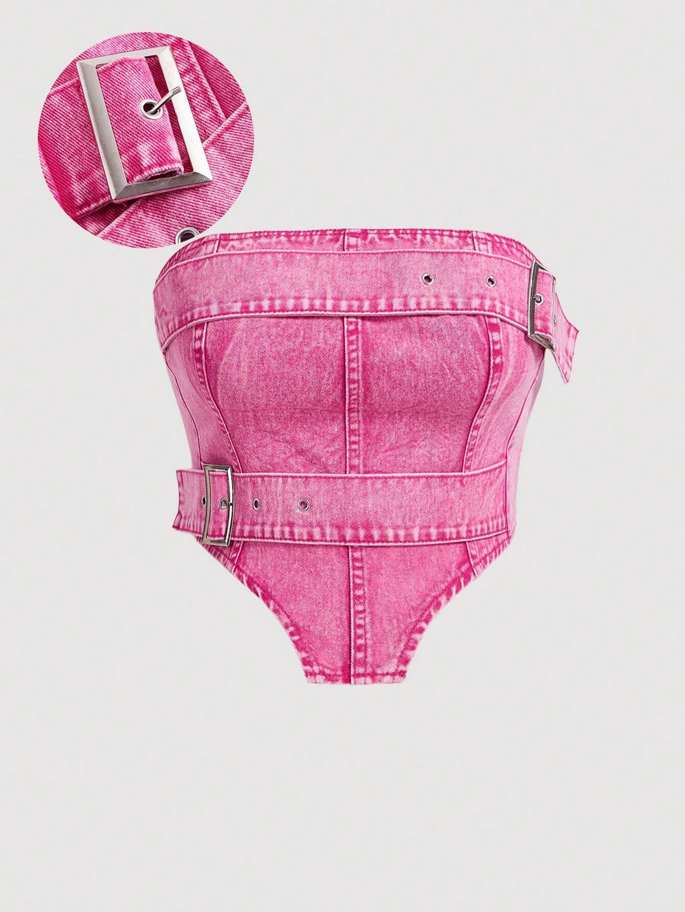 SHEIN ICON Plus Size Denim Crop Top, Street-Style, Sexy, Strapless ...