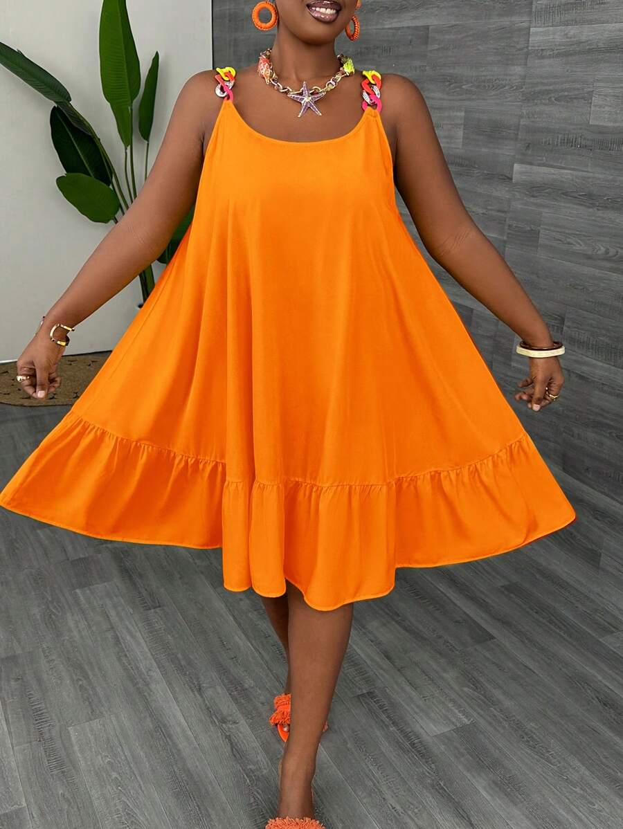 Slaydiva Plus Size Casual Yellow Chain Shoulder Strap A-Line Summer ...