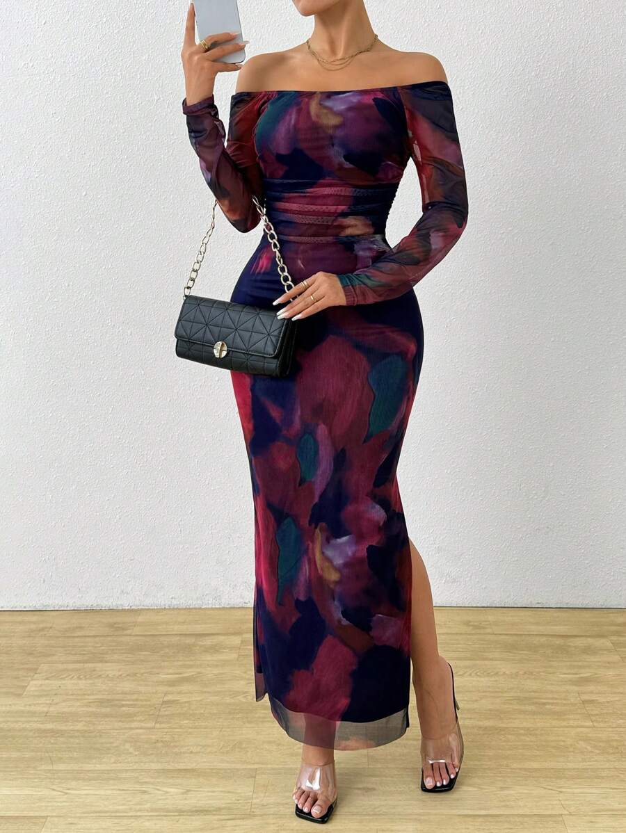 RosyDaze Tie Dye Print Off Shoulder Split Thigh Dress Maxi Women Outfit ...