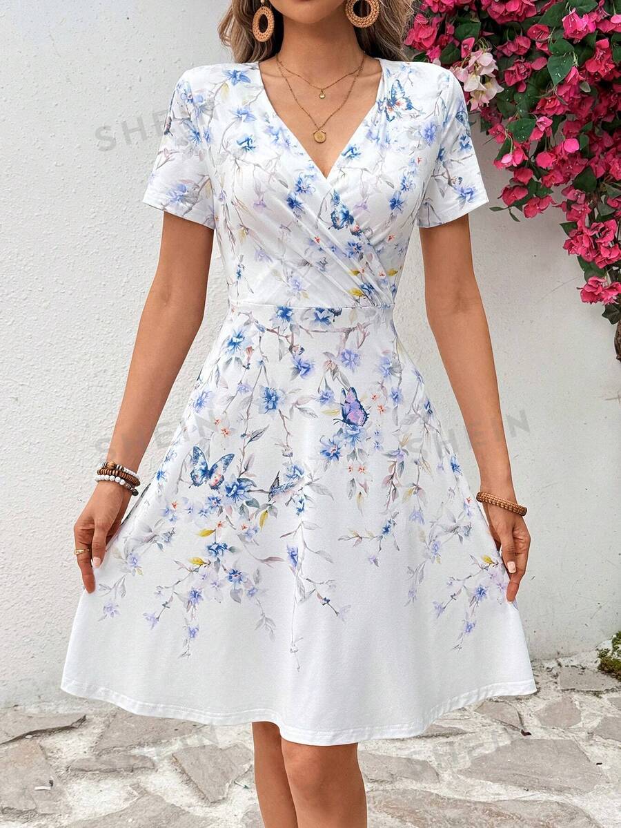 SHEIN VCAY Floral Print Surplice Neck Dress For Summer Vacation | SHEIN UK
