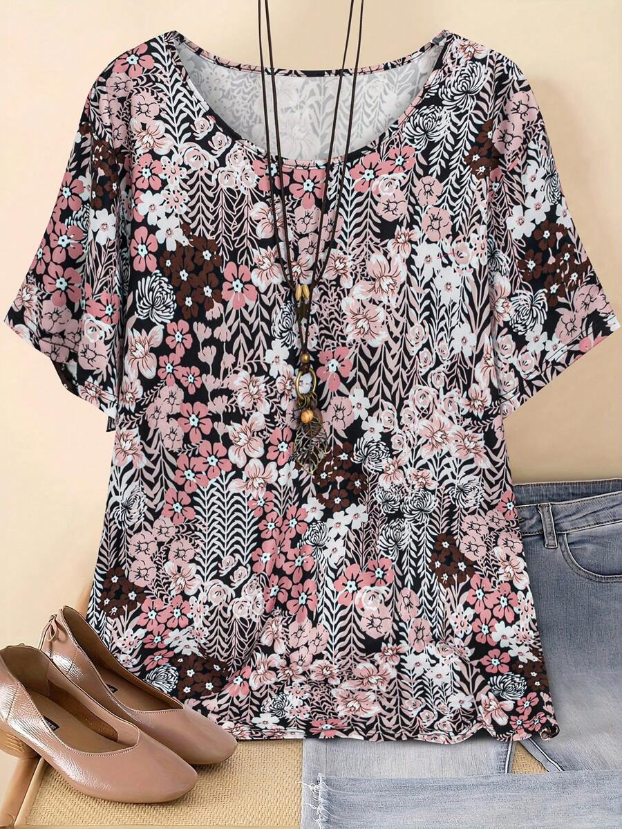 Plus Size Women Floral Print Round Neck Short Sleeve T-Shirt Graphic ...