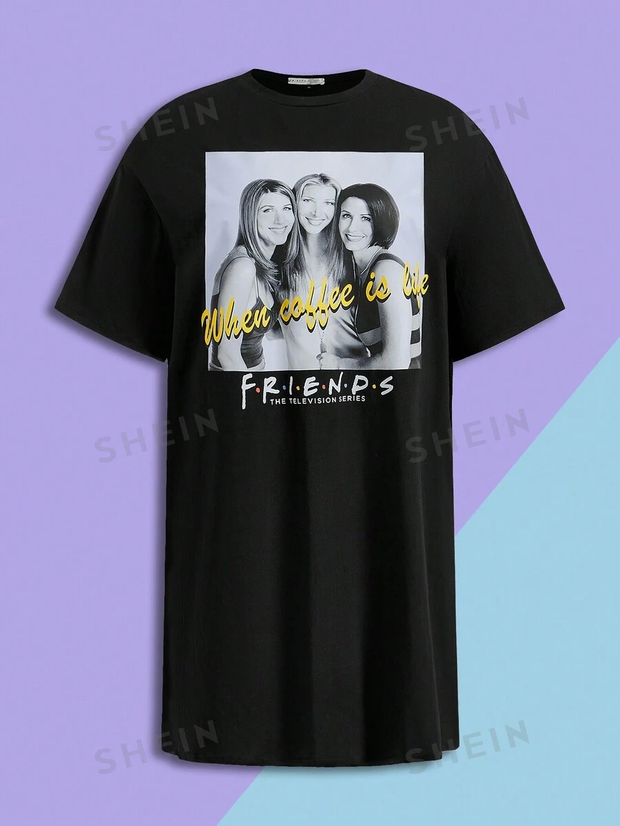FRIENDS X SHEIN Vestido camiseta de talla grande con ajuste holgado y ...