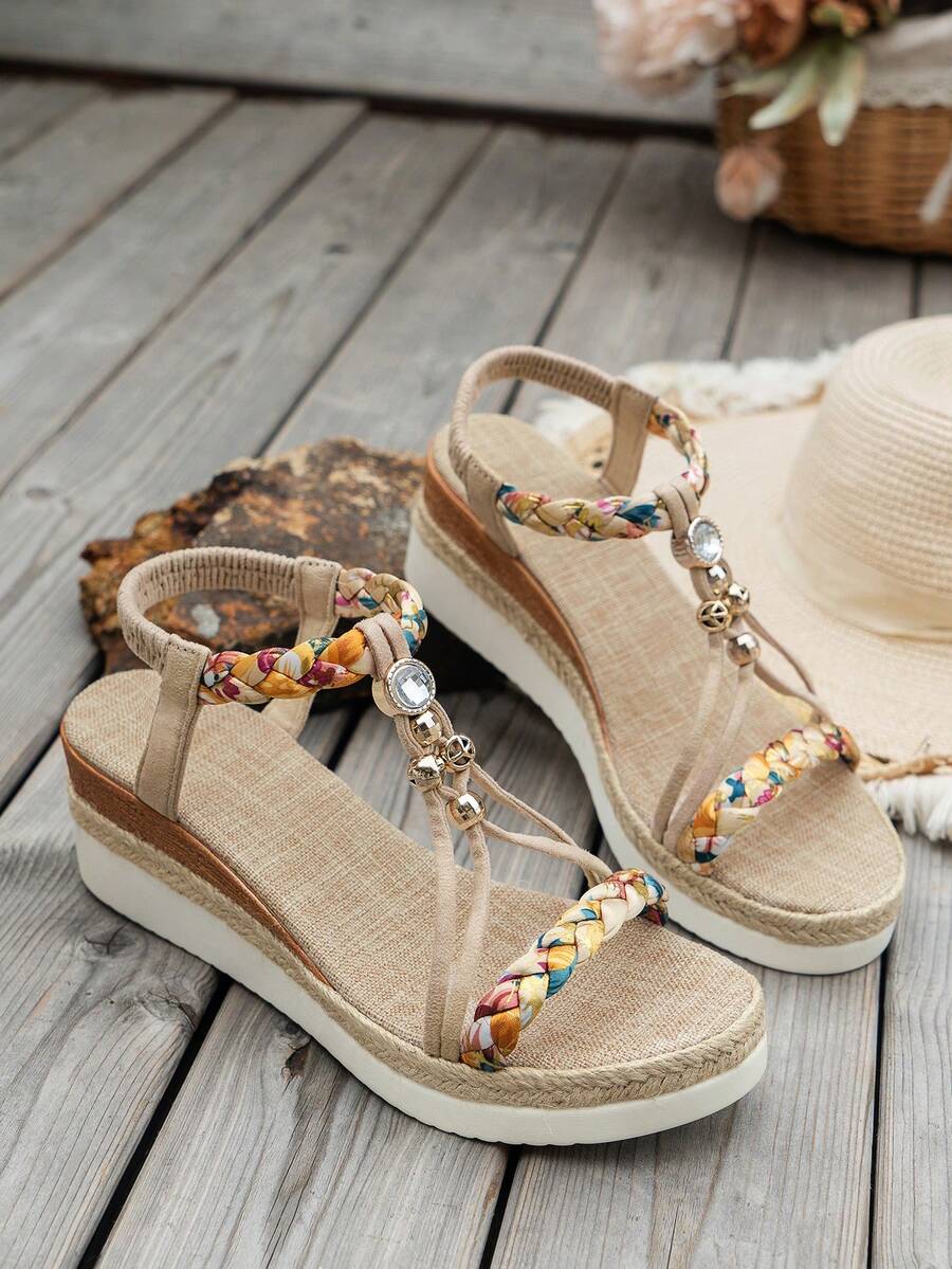 WRCVS Beige Woven Strap Platform Wedge Sandals, Handmade Beaded Rope ...