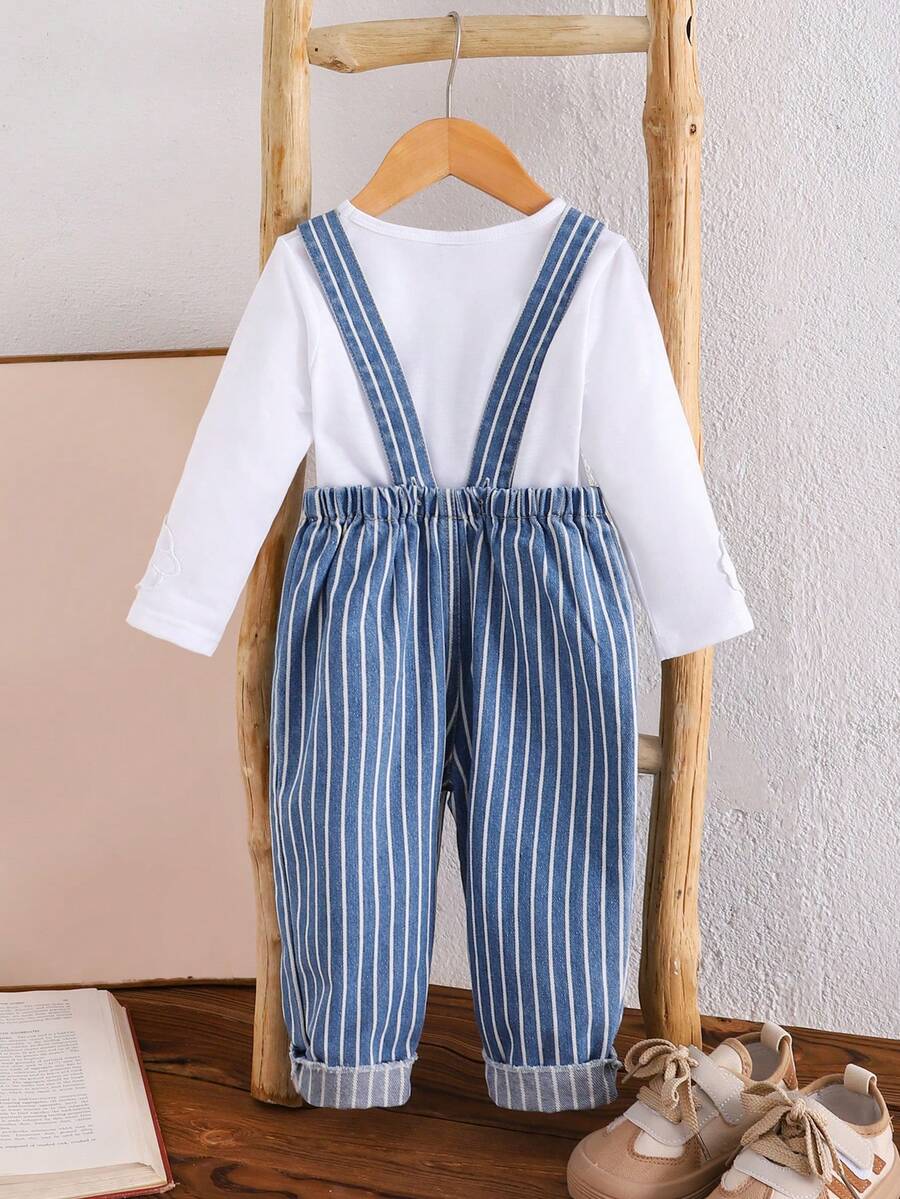 Baby Girls' White Loose Cute Animal Plush Doll Striped Denim Overalls ...