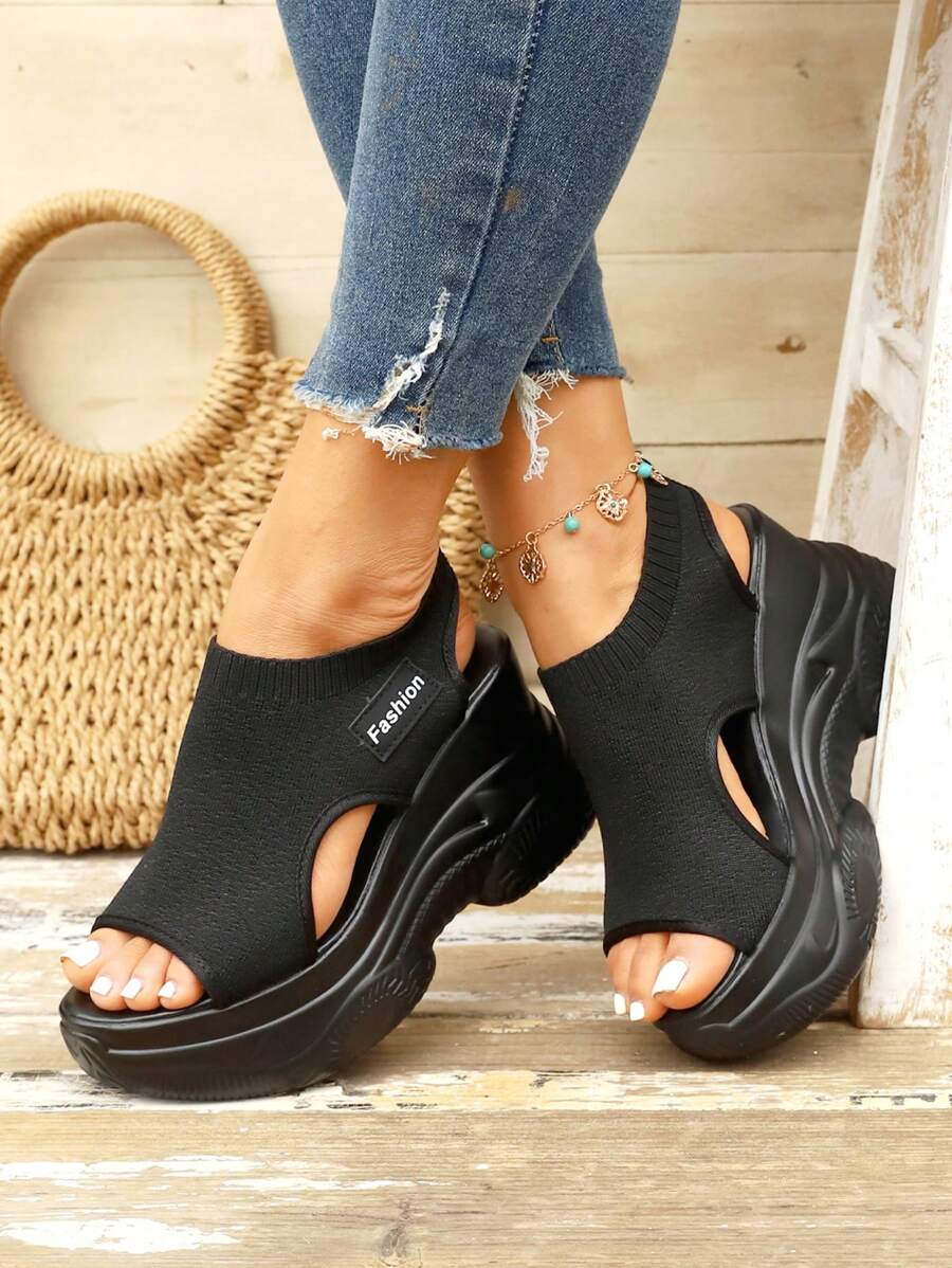 Summer Popular Black Fabric Women's Peep Toe Slip-On Platform Wedge ...