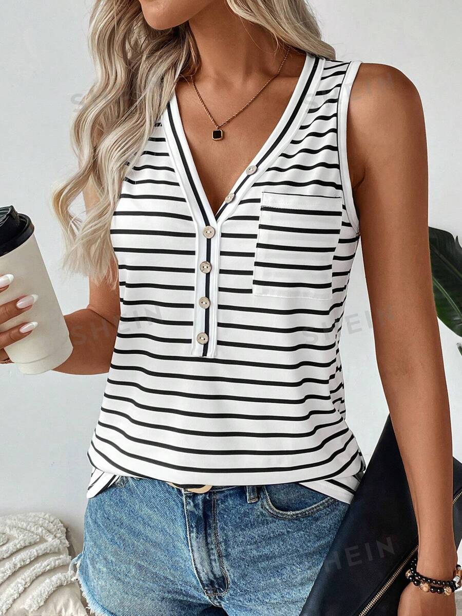 SHEIN LUNE 女性用カジュアルなブラックアンドホワイトストライプのフロントボタンベスト、夏に最適 | SHEIN JAPAN