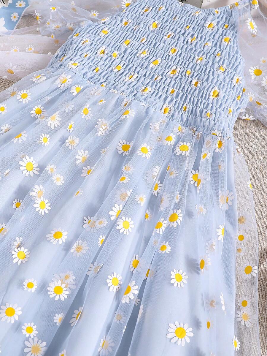 Tween Girl Summer Short Sleeve Dress, Daisy Print Mesh Princess Dress ...
