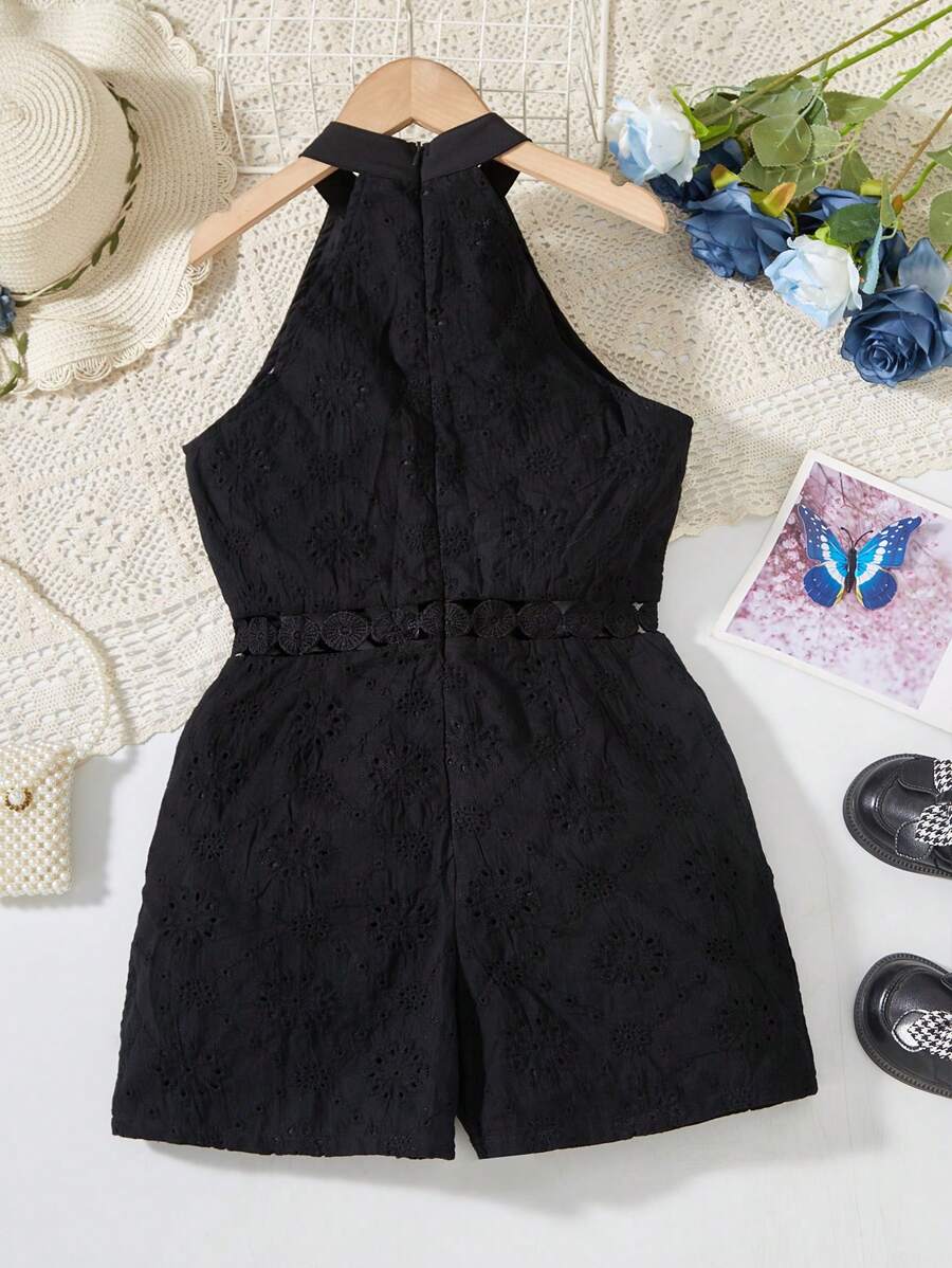 SHEIN Tween Girls Eyelet Embroidery Halter Neck Backless Black Romper ...
