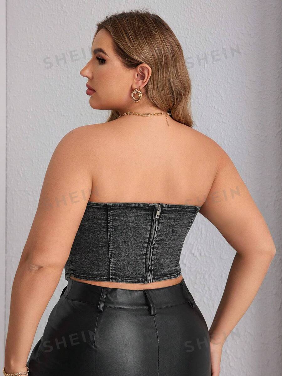 SHEIN Essnce Plus Size Lace-Up Sexy Strapless Denim Top, Summer | SHEIN UK
