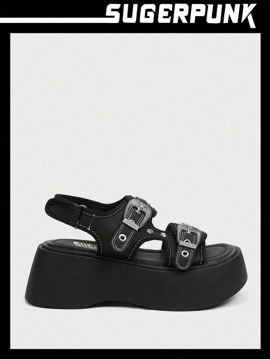 Sugerpunk Dark Rocker Punk Sandals, Black Platform Open Toe Gothic ...