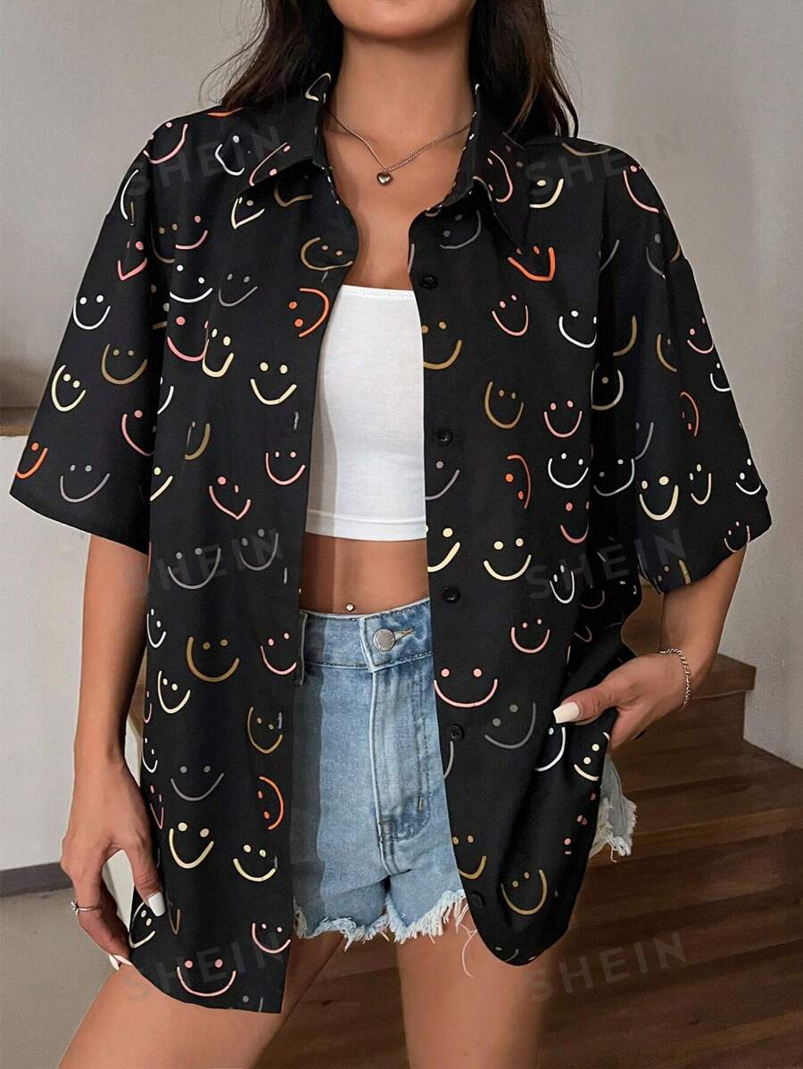 SHEIN EZwear Women's Oversized Smile Face Casual Shirt, Cargo Style ...